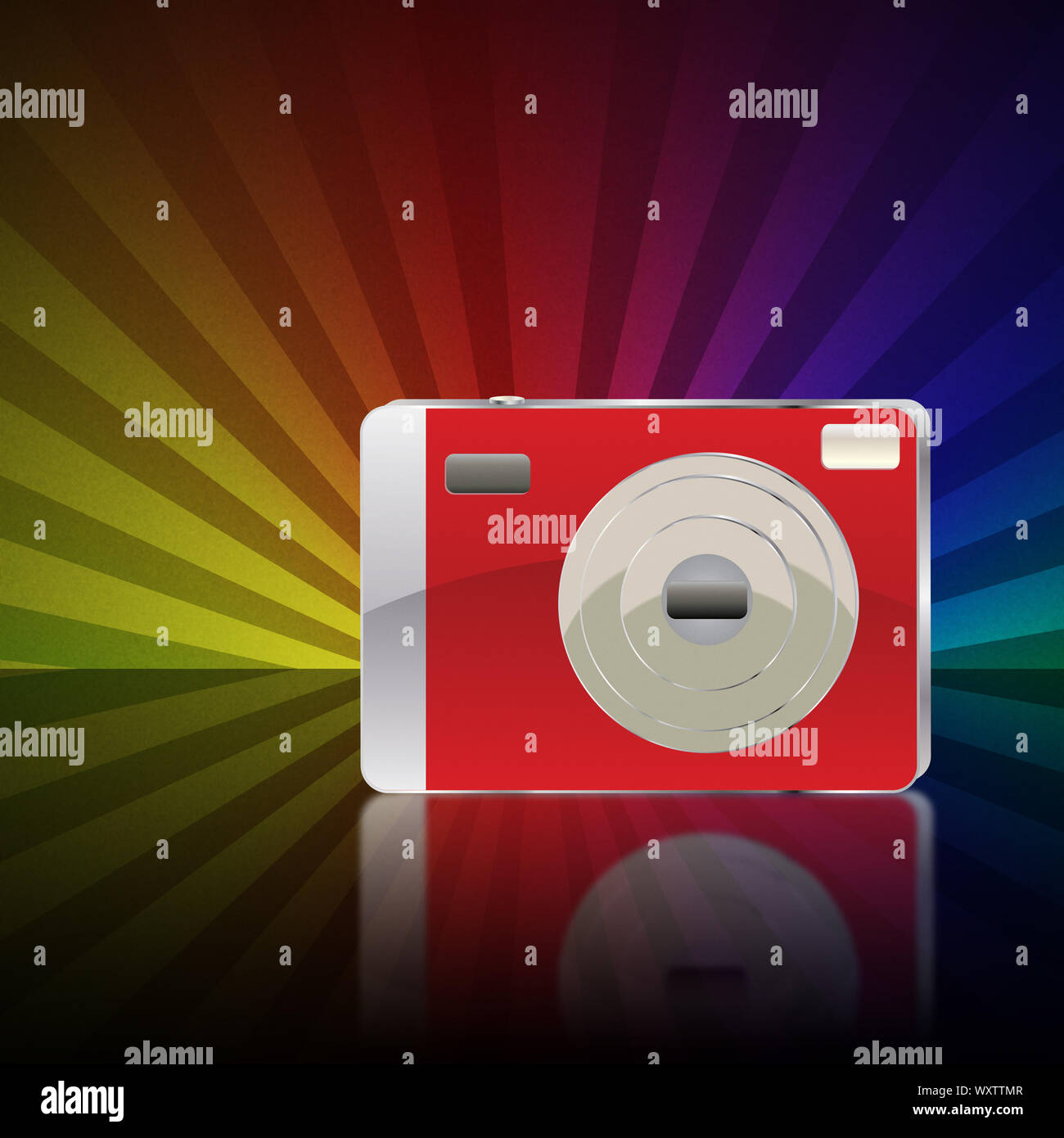 Red compact digital camera on colorful background with rays Stock Photo ...