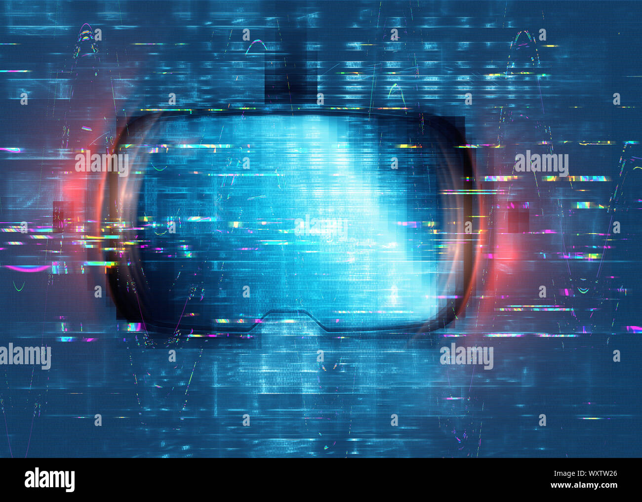 3D VR glasses with grunge glitch texture, abstract tech background ...