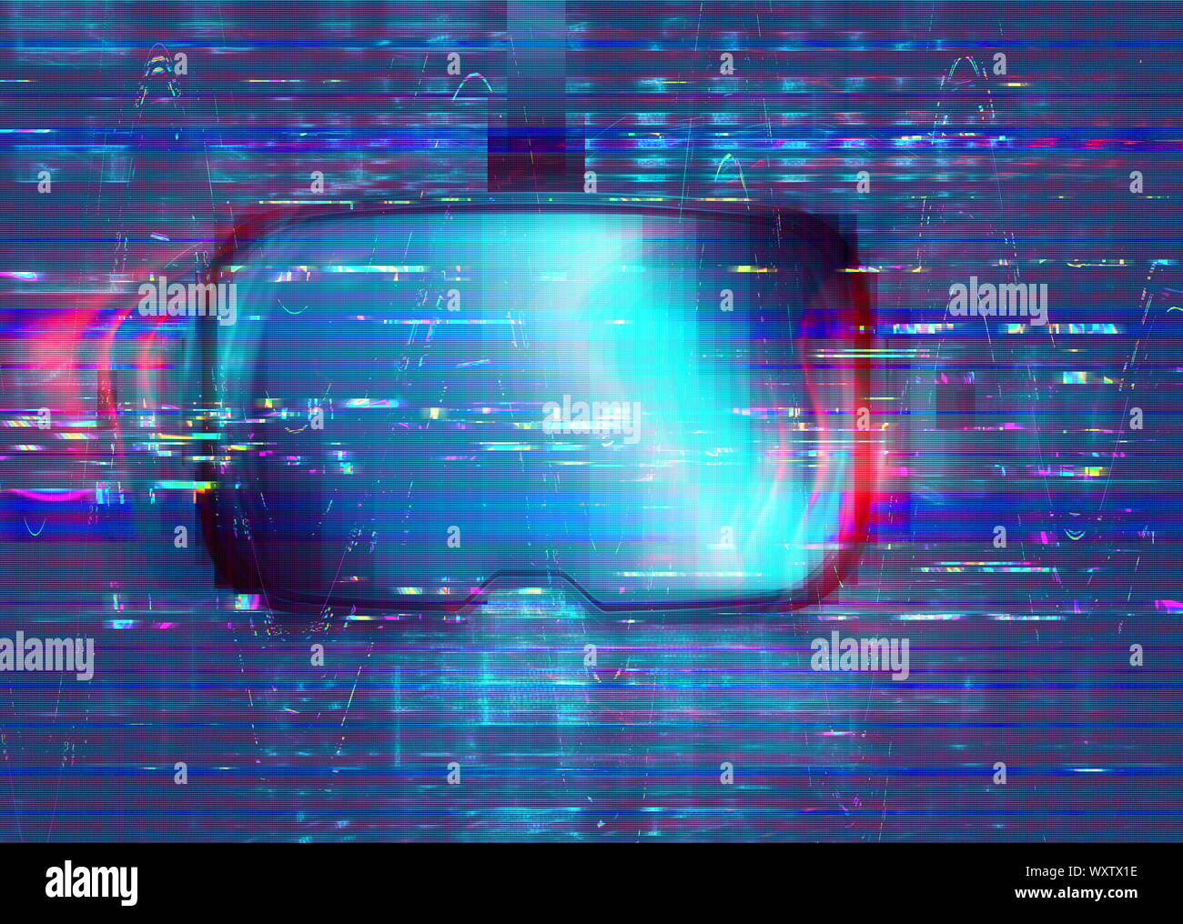 3D VR glasses with grunge glitch texture, abstract tech background ...