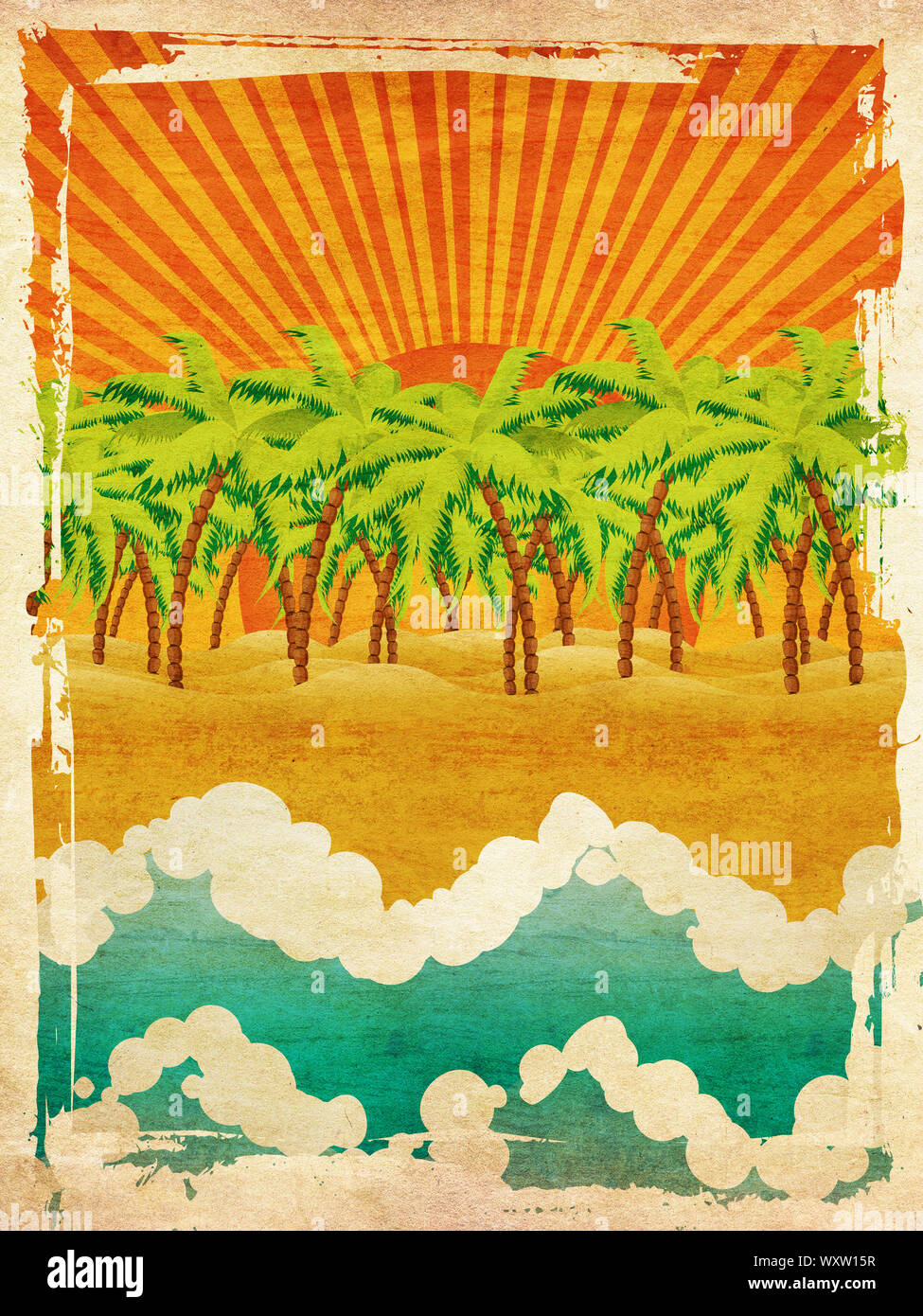 Vintage background with cartoon tropical island with palm trees and ...