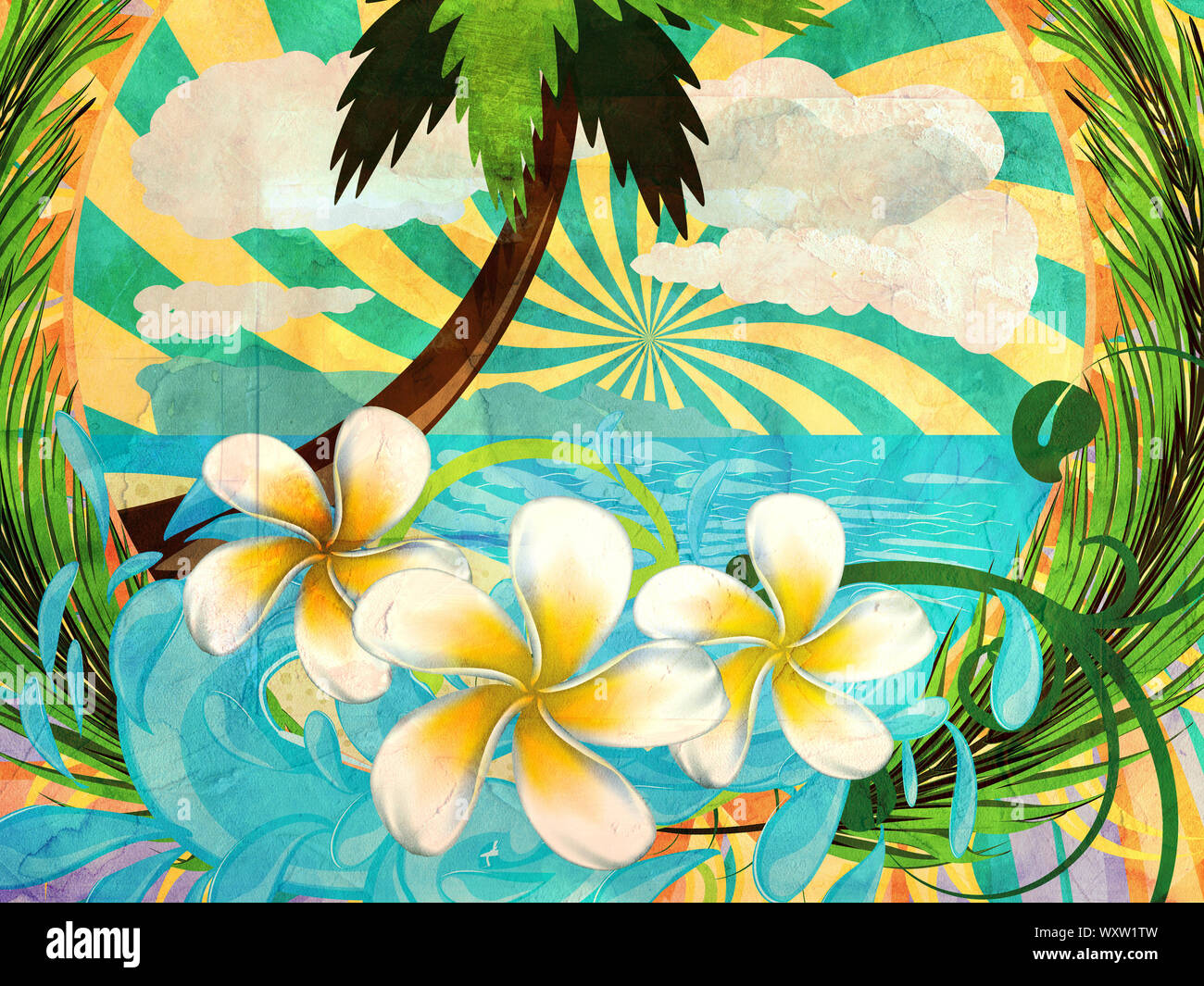 Sunny tropical island with palm tree and splashing water, grunge ...