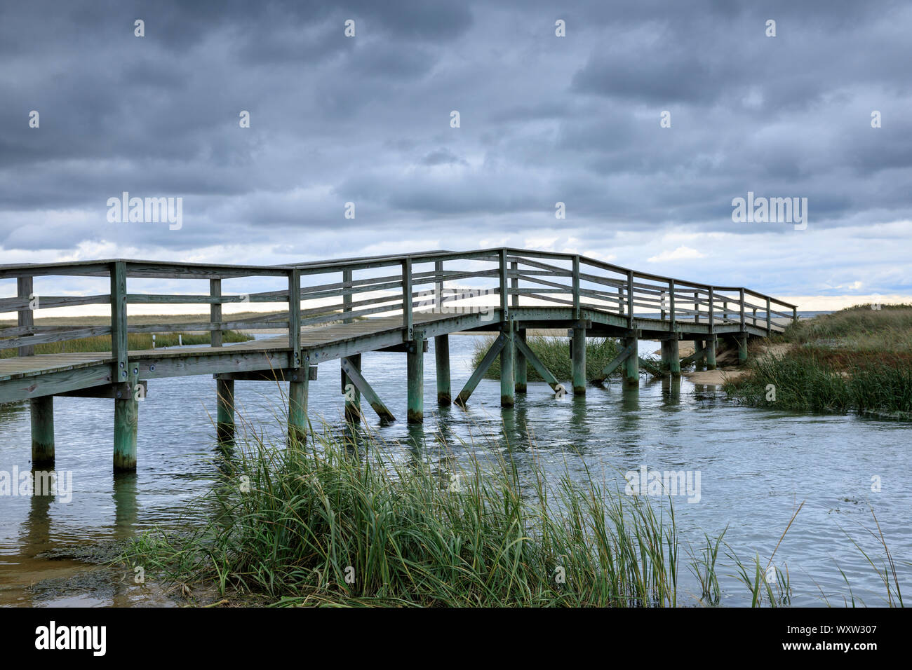Wooden footbridge walkway at Ridgevale Beach, Nantucket Sound, Cape Cod ...