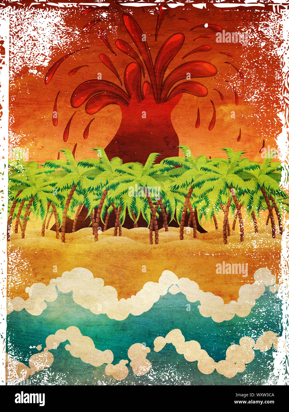 Grunge background with cartoon tropical island with exploding volcano ...