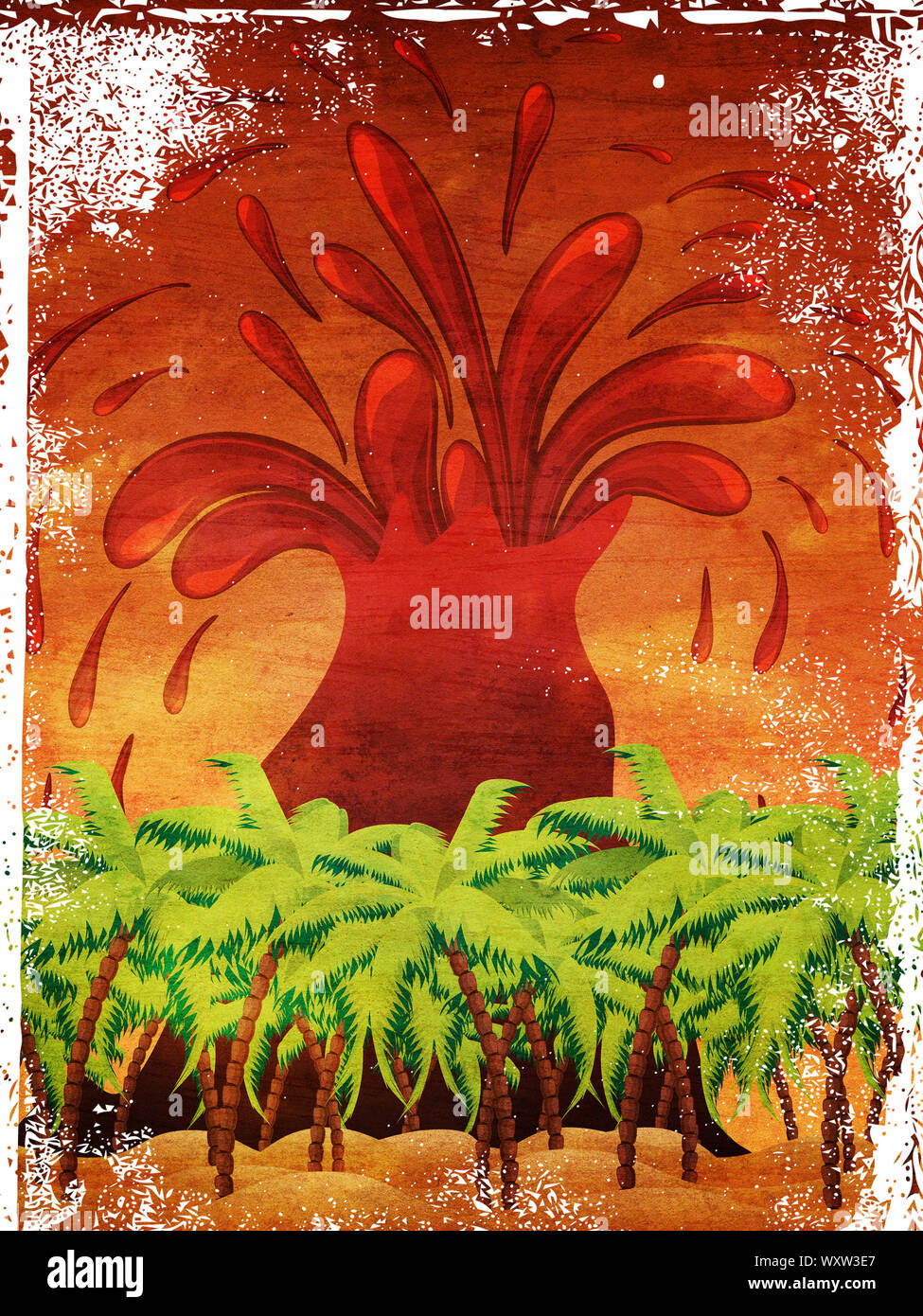 Grunge background with cartoon tropical island with exploding volcano ...