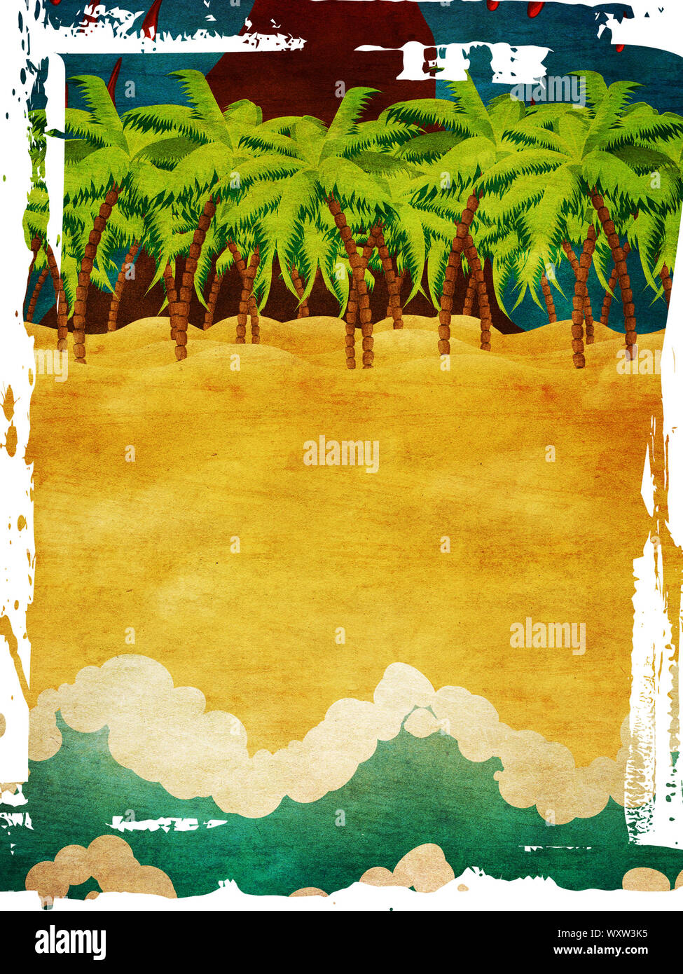 Grunge background with cartoon tropical island with exploding volcano ...