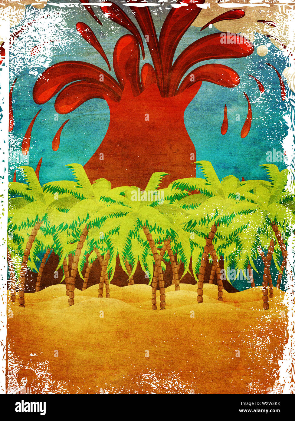 Grunge background with cartoon tropical island with exploding volcano ...