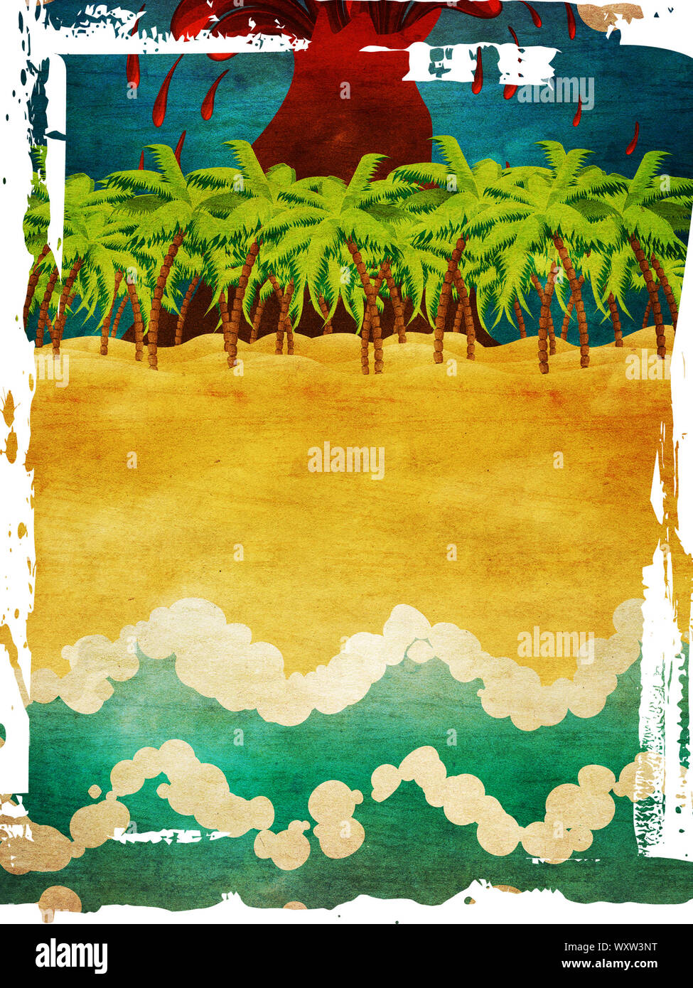 Grunge background with cartoon tropical island with exploding volcano ...