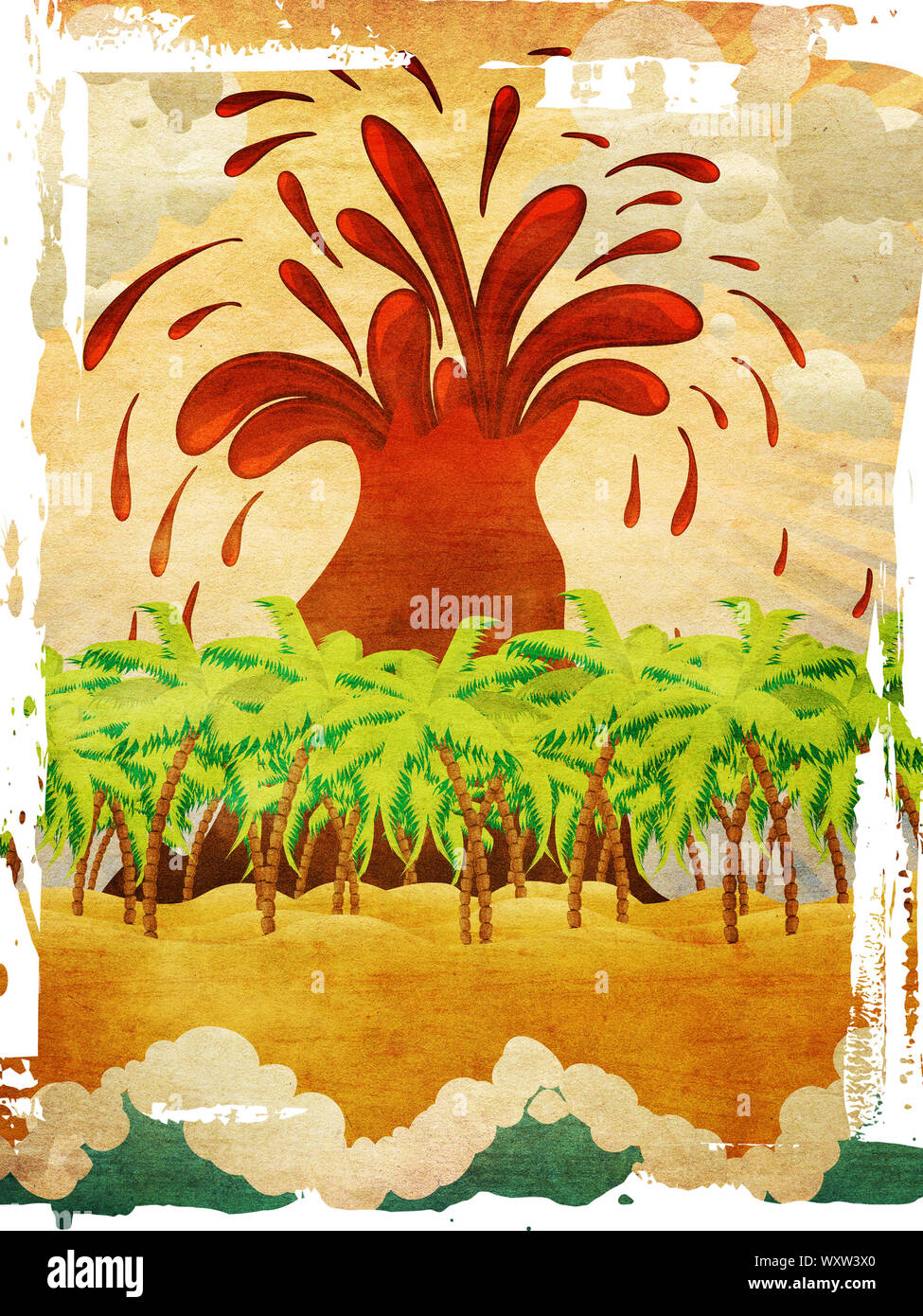 Grunge background with cartoon tropical island with exploding volcano ...