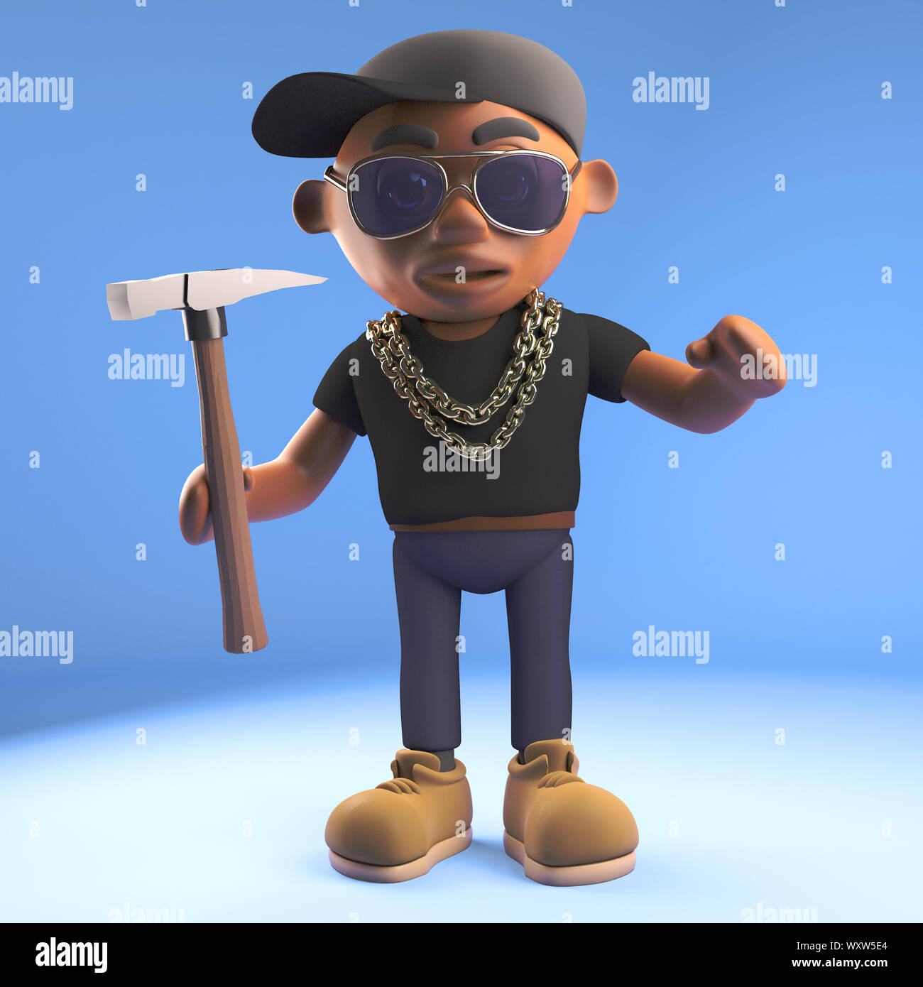 Cartoon 3d black hiphop rapper character holding a hammer, 3d ...