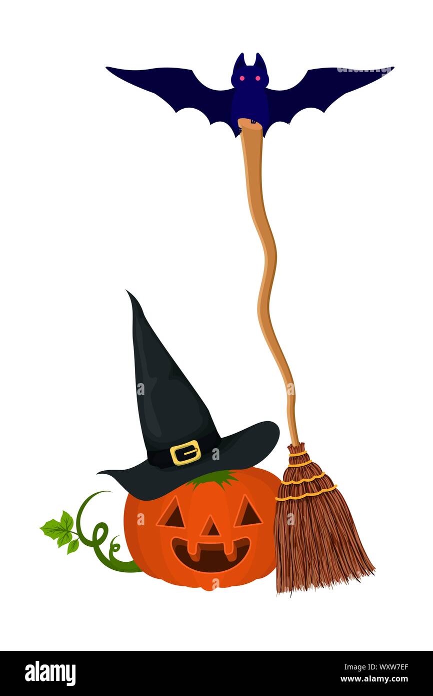 halloween pumpkin with broom and bat Stock Vector Image & Art - Alamy