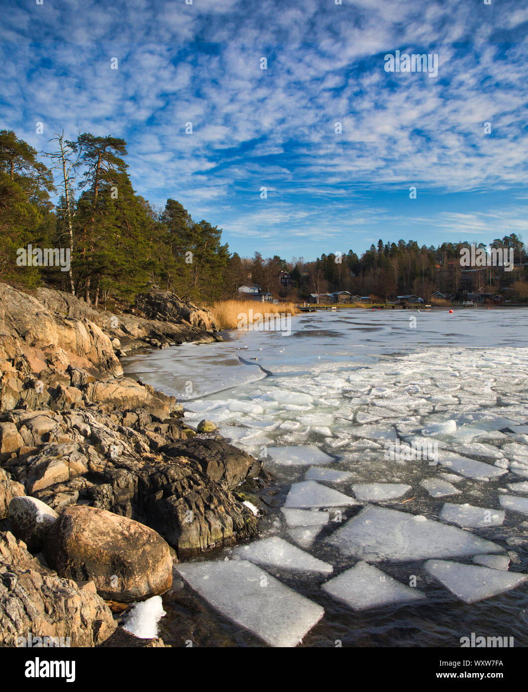 Freezing winter scene with pack ice drift ice sea ice, Baltic Sea coast ...
