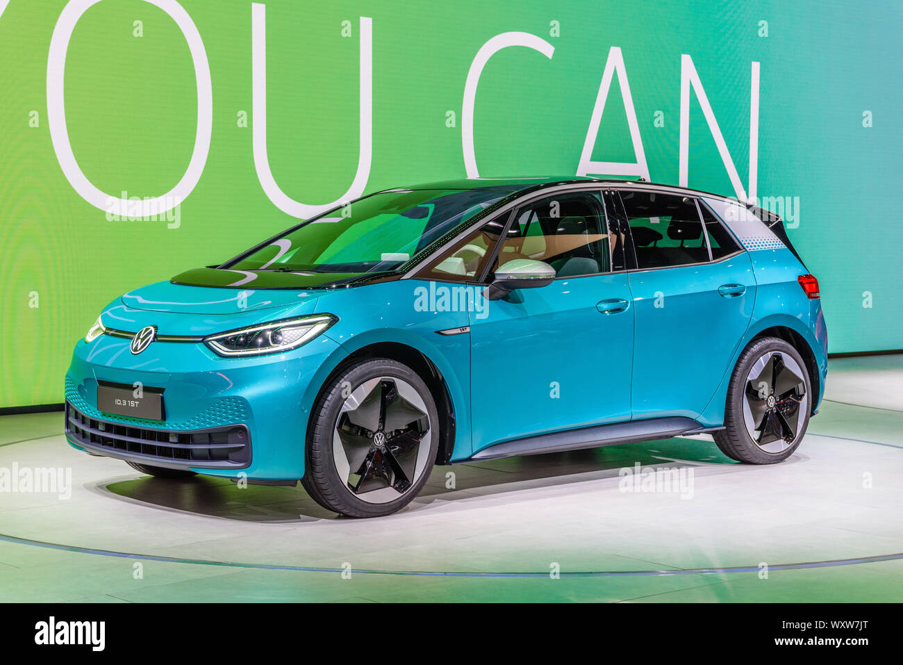 FRANKFURT, GERMANY - SEPT 2019: azure blue VOLKSWAGEN VW I.D.3 is a ...