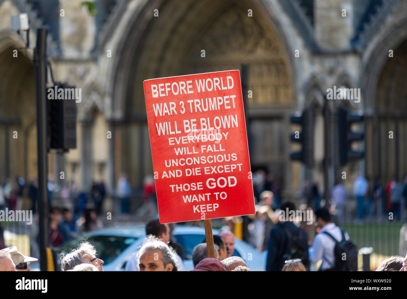 Placard outside the Supreme Court in Westminster, London, UK. World War ...
