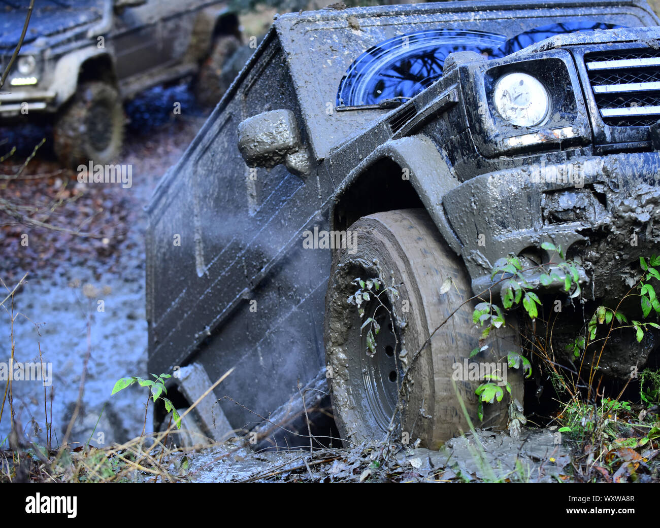 Dirty wheels of car spinning in mud. SUV in autumn forest, defocused ...