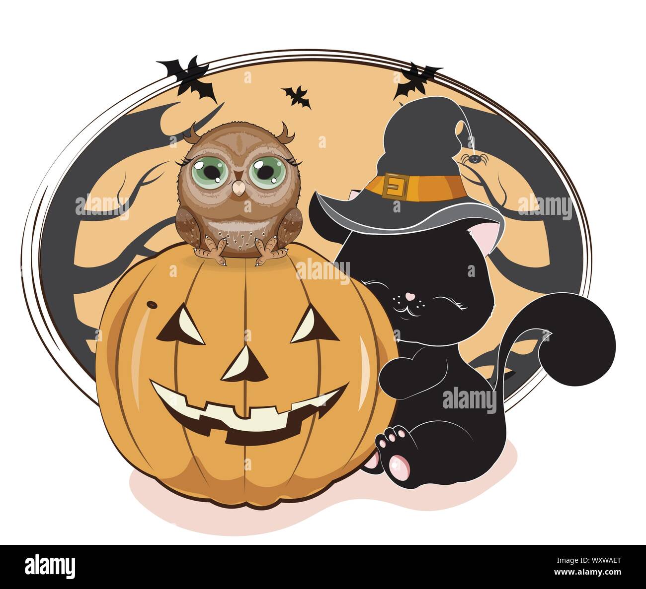 the lovely black cat, owl, kitten, in the witch hat with a spider ...