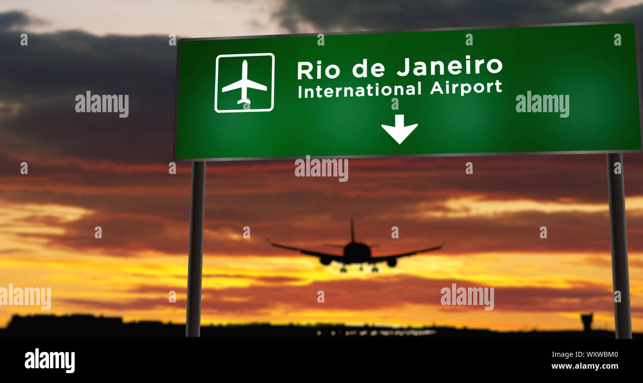 Airplane silhouette landing in Rio de Janeiro, Brazil. City arrival ...