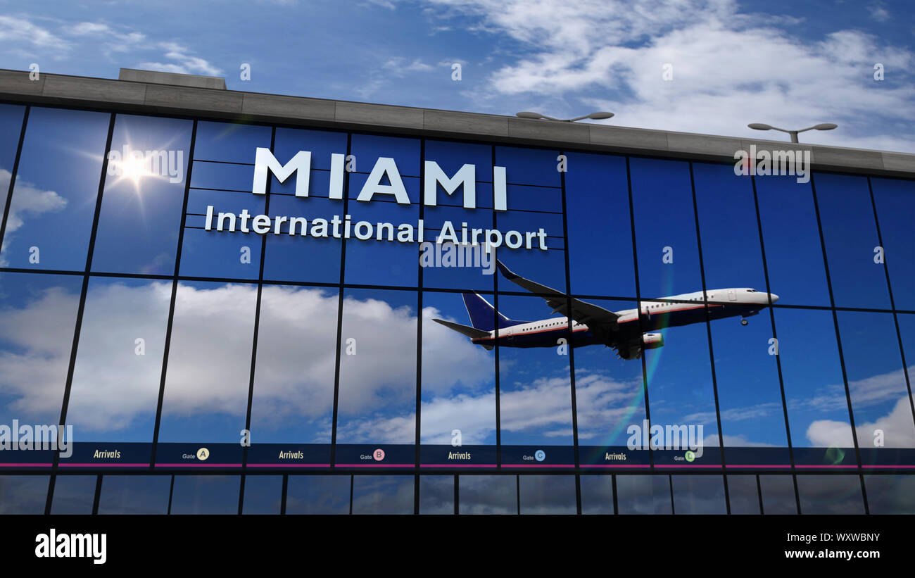 Jet aircraft landing at Miami, Florida, USA, America 3D rendering ...