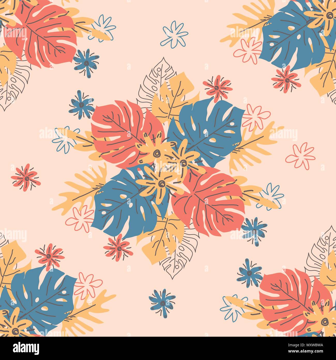 Modern illustration in scandinavian style with tropical leaves, grunge ...