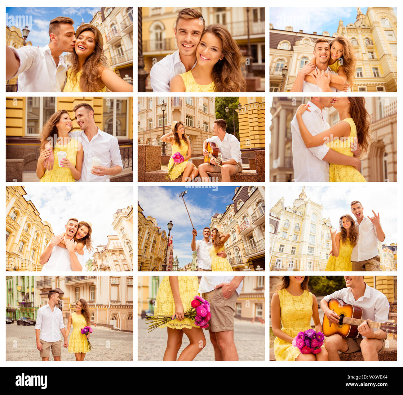 Collage of cute young couple in love walking street of old town Stock ...
