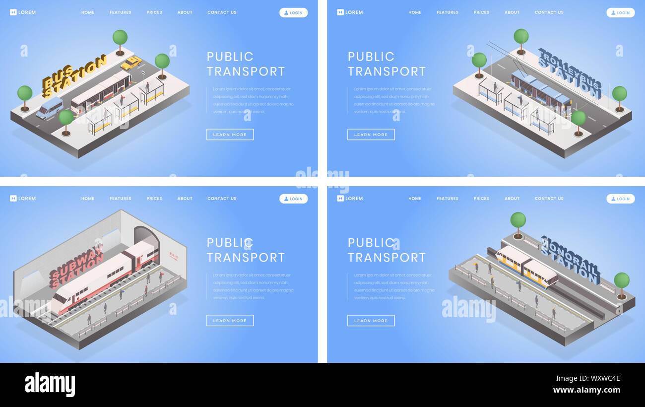 Public transport landing page vector templates set. Urban ...