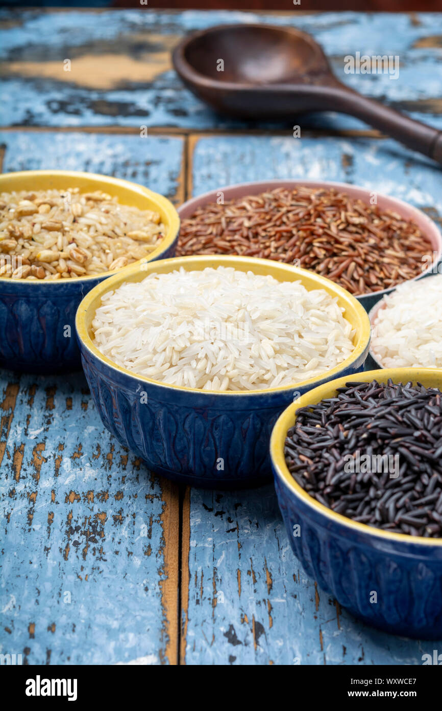 Different types of rice, white basmati, jasmine, arborio, brown and ...