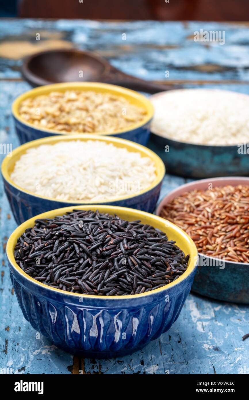 Different types of rice, white basmati, jasmine, arborio, brown and ...
