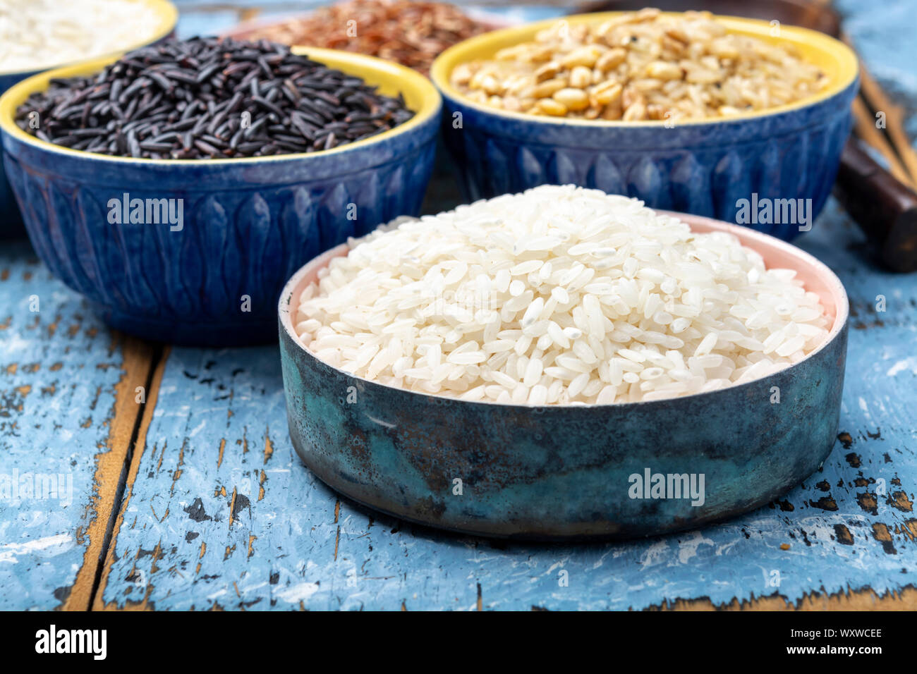 Different types of rice, white basmati, jasmine, arborio, brown and ...