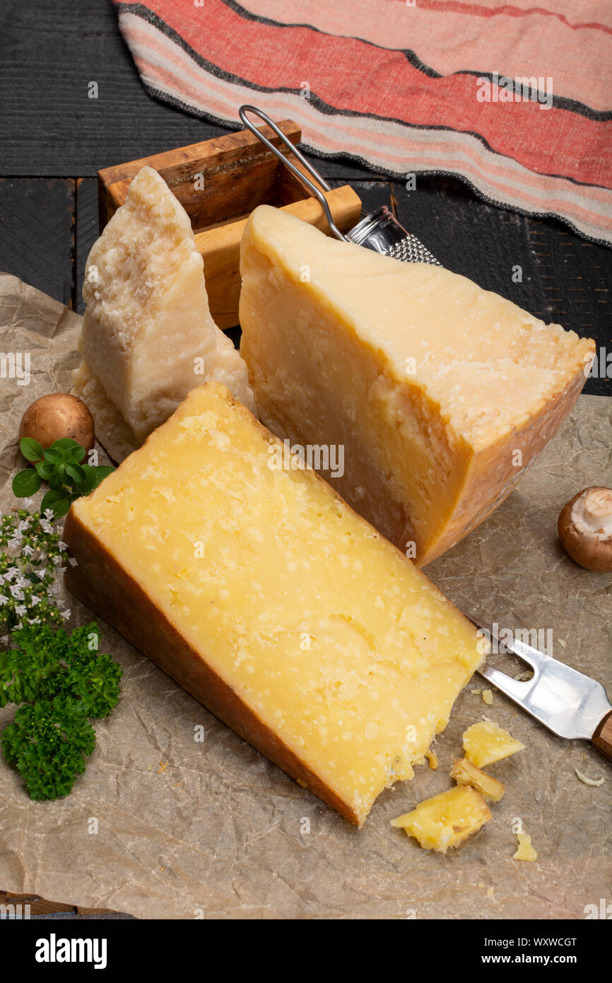 Cheese collection, hard old cheeses from North Italy, aged Maniva ...