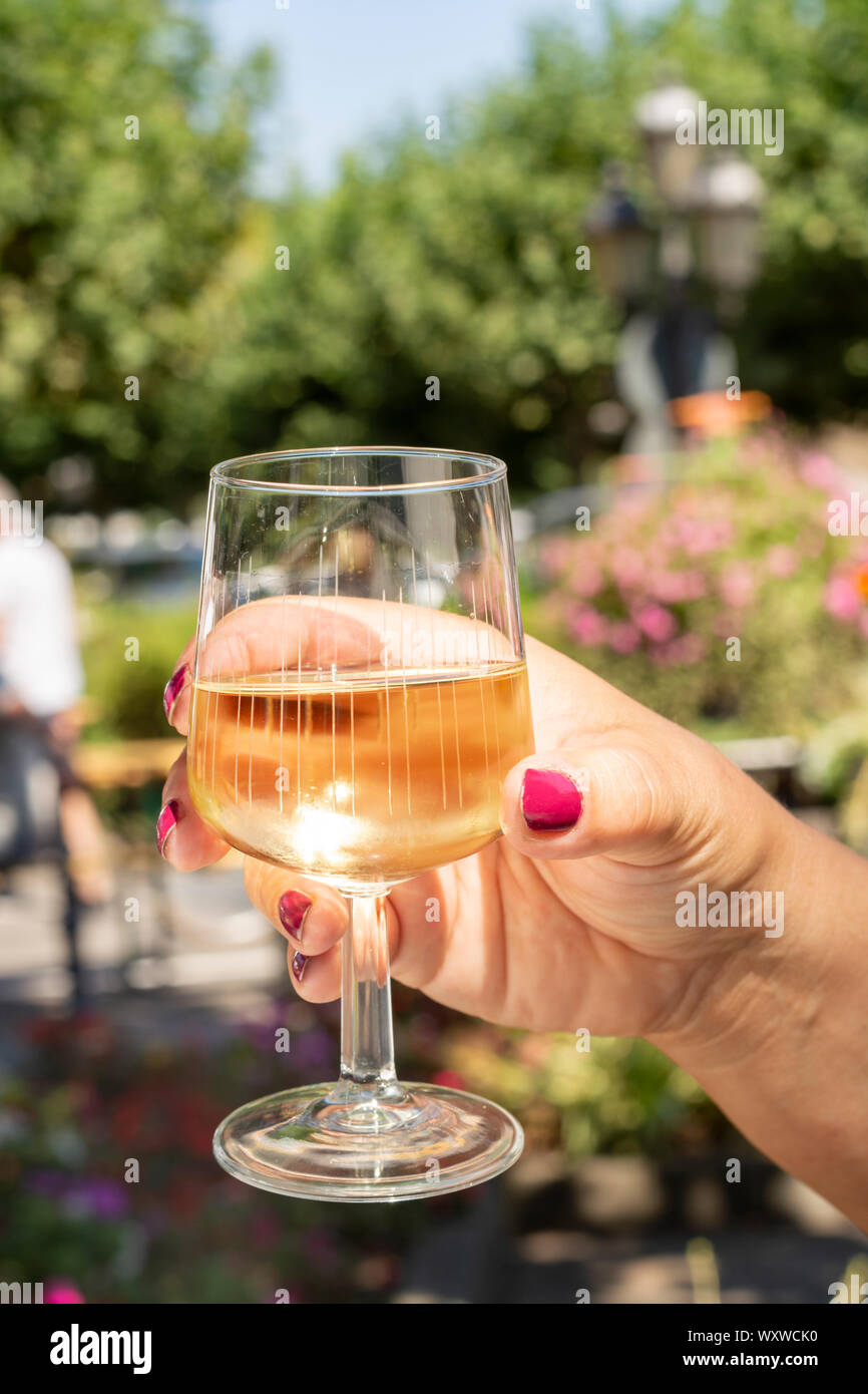 Tasting of cold white dry riesling wine on street wine festival on ...
