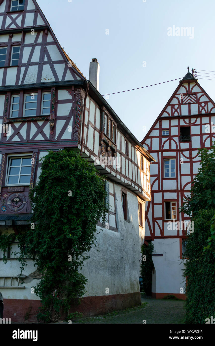 Street in old German town with traditional medieval timber framing ...