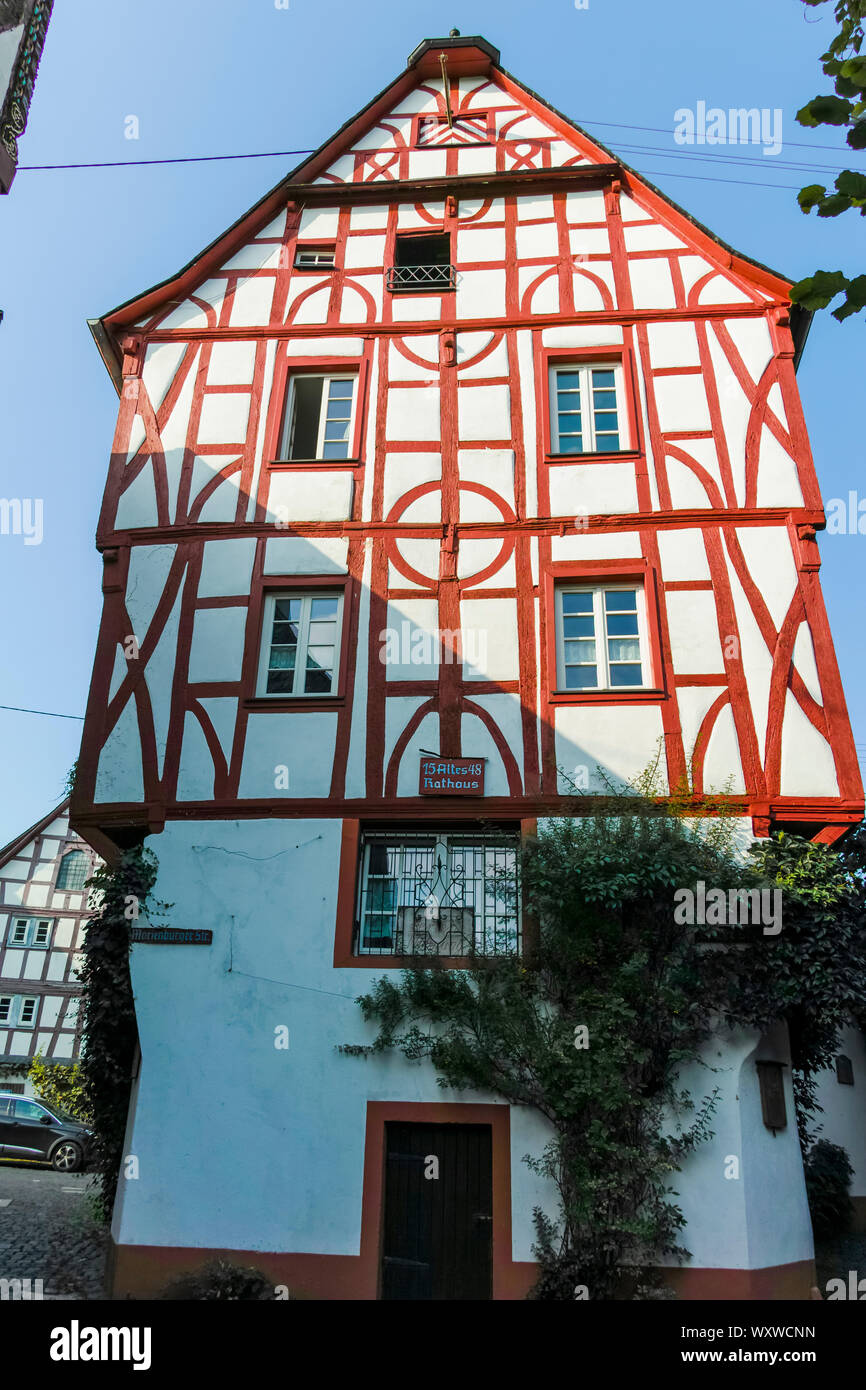 Street in old German town with traditional medieval timber framing ...