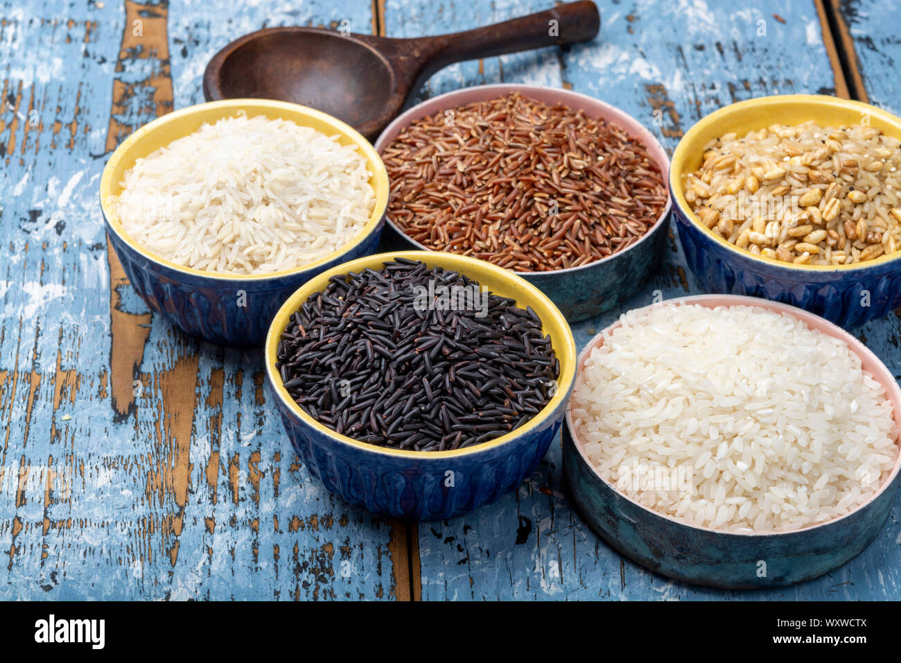 Different types of rice, white basmati, jasmine, arborio, brown and ...