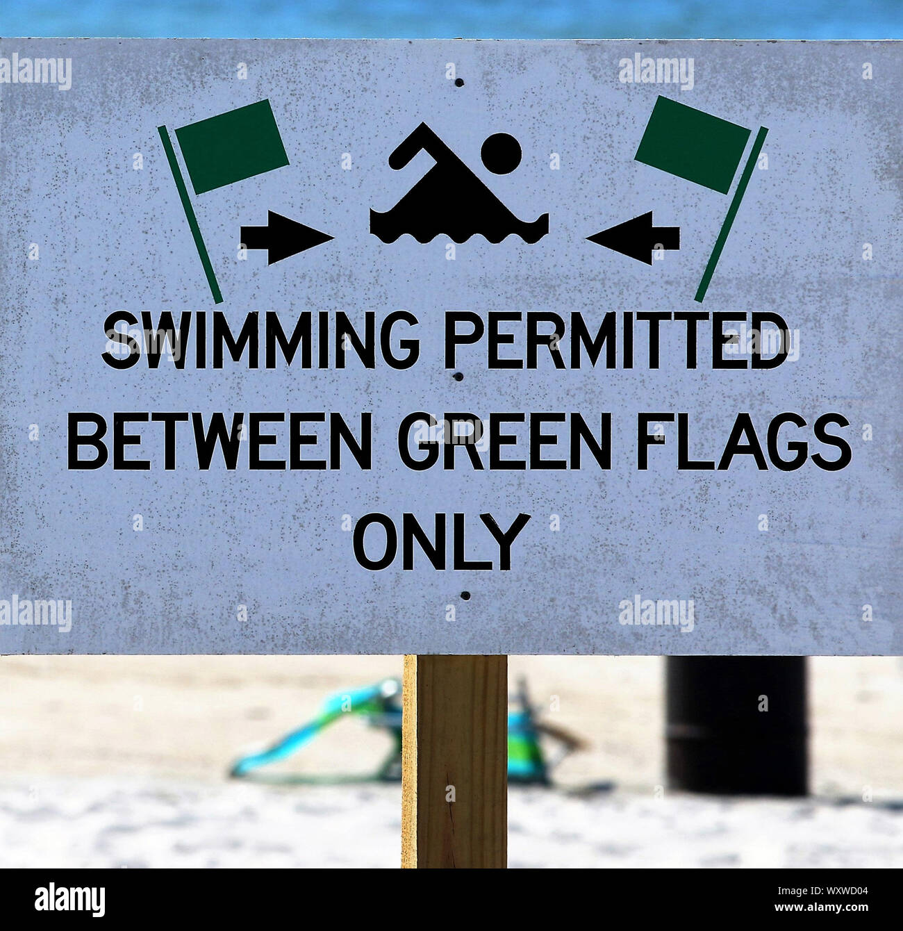 A sign showing swimmers where they may swim at the beach Stock Photo ...