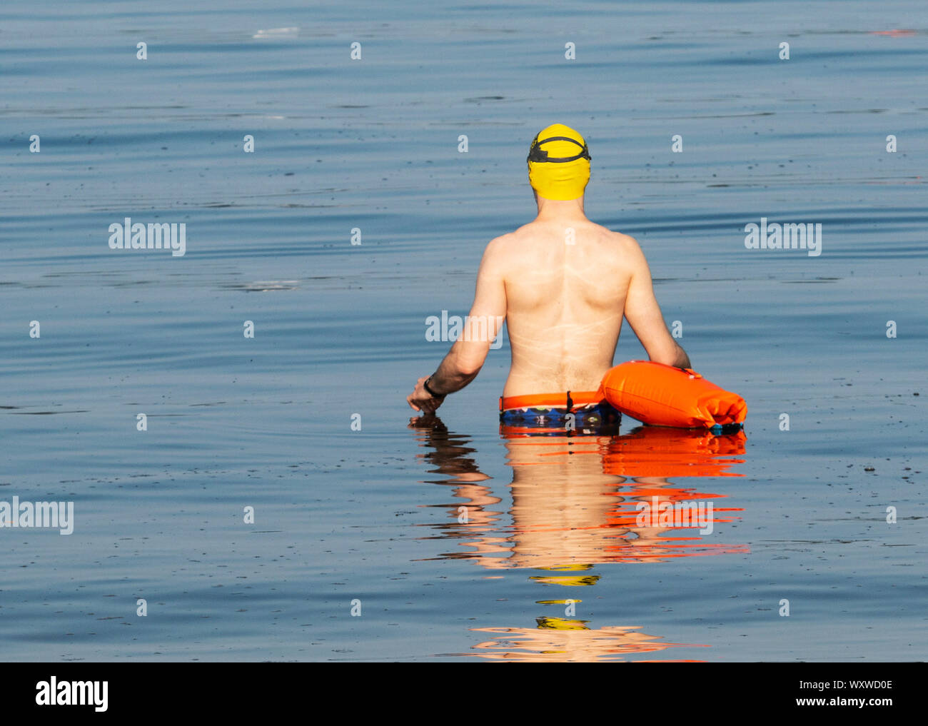 An open water swimmer is entering the bay with his orange safety ...