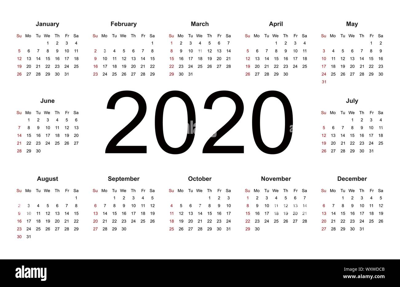 Calendar 2020 year simple style. Week starts from Sunday. Isolated ... Calendar 2020 year simple style. Week starts from Sunday. Isolated ...