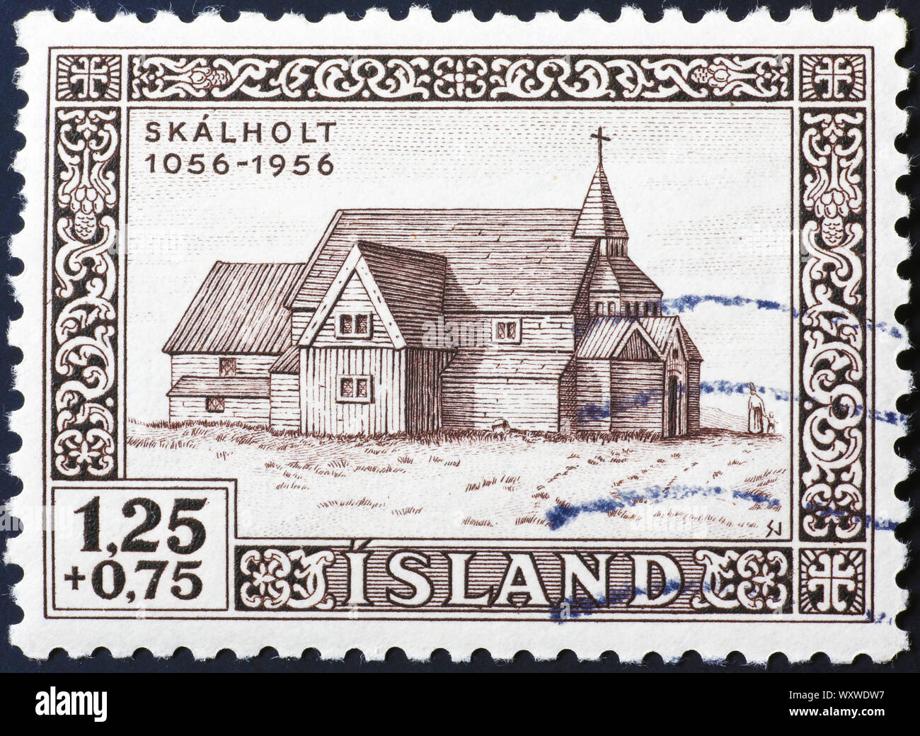 Old wooden church on icelandic postage stamp Stock Photo - Alamy