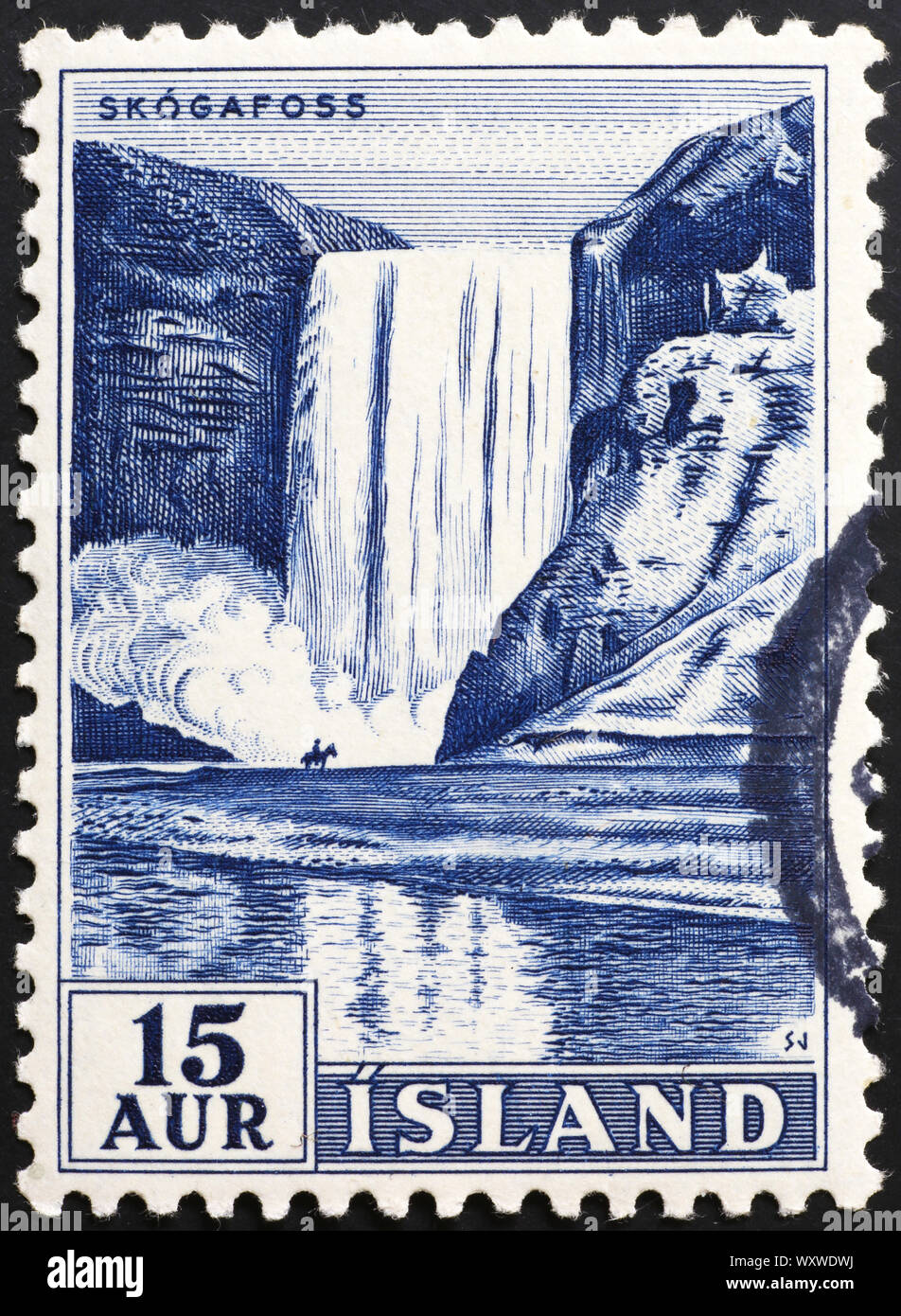 Waterfall Skogafoss on vintage icelandic postage stamp Stock Photo - Alamy