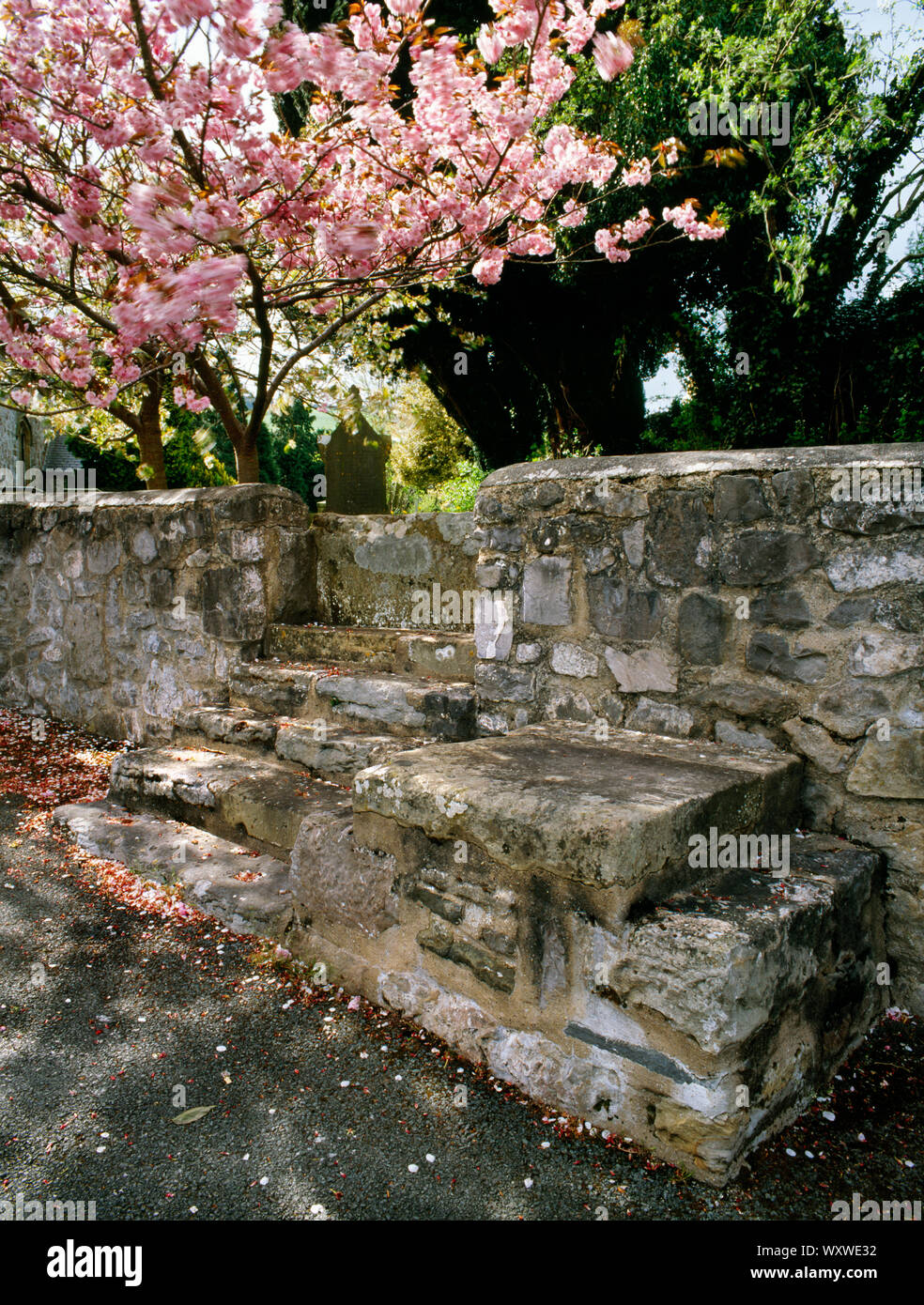 Horse mounting block and footpath stile on outside of St Berres ...