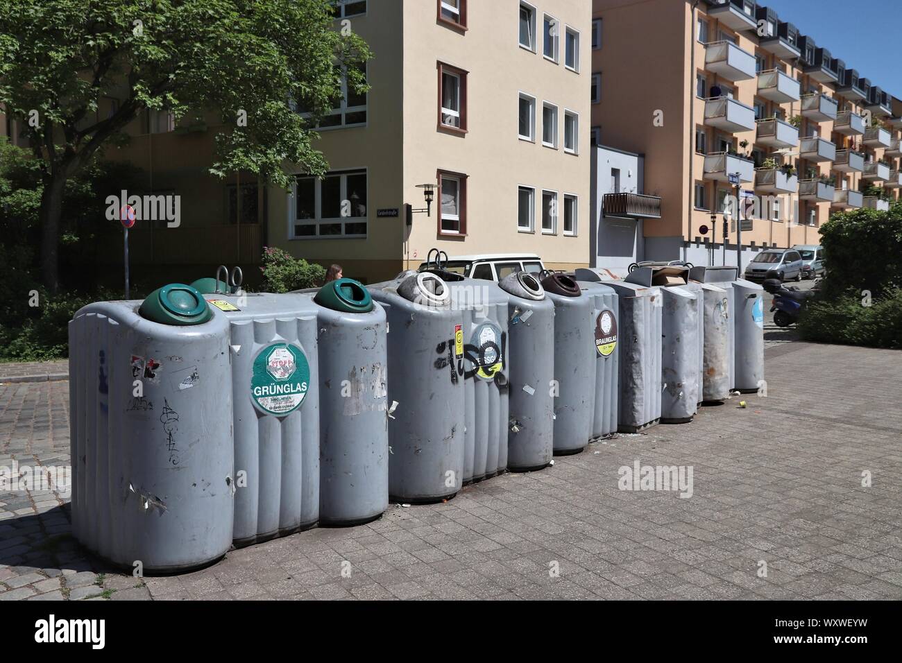 NUREMBERG, GERMANY - MAY 7, 2018: Sorted recycling household waste bins ...