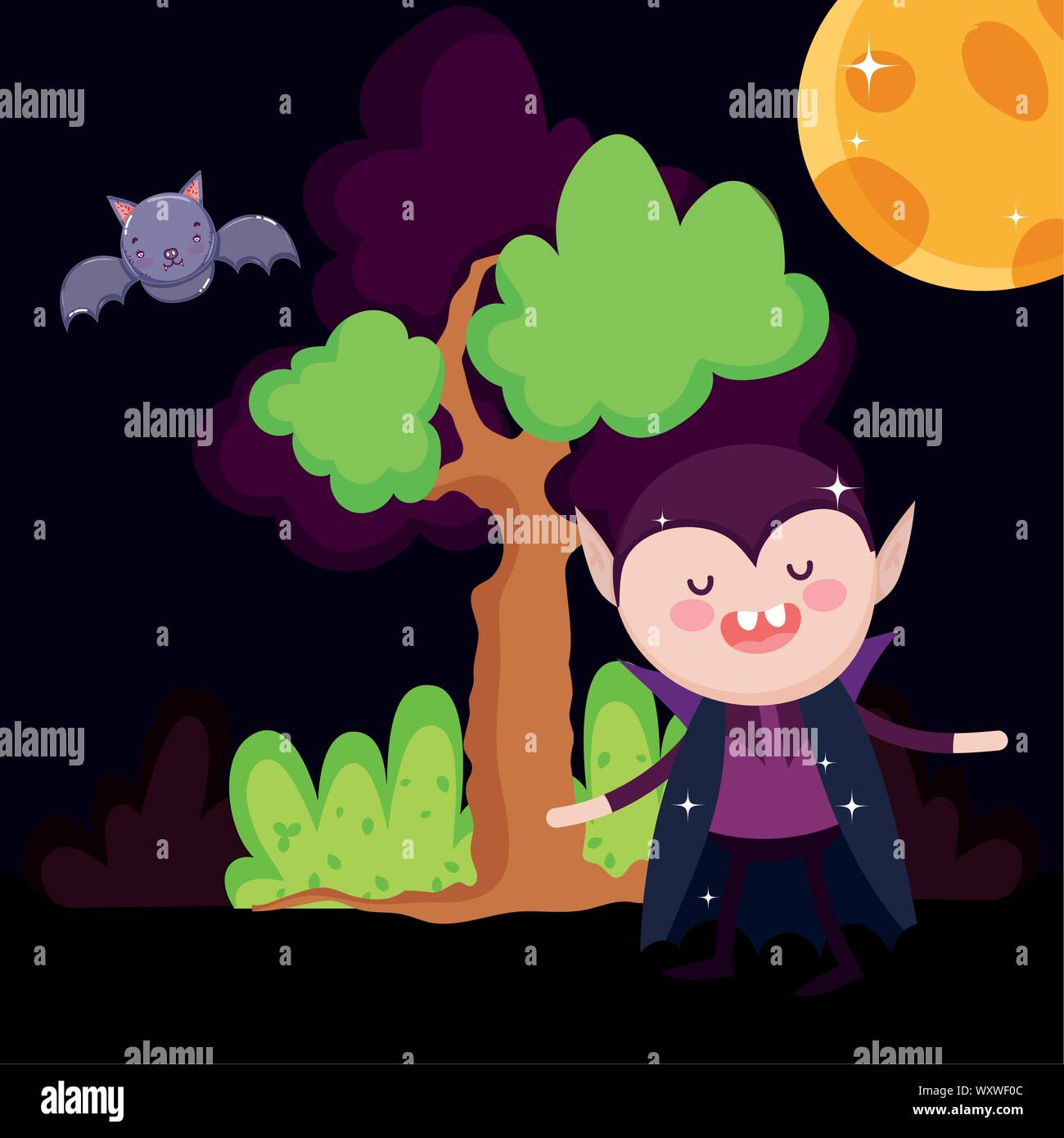 dracula cartoon bat tree moon night halloween vector illustration Stock ...