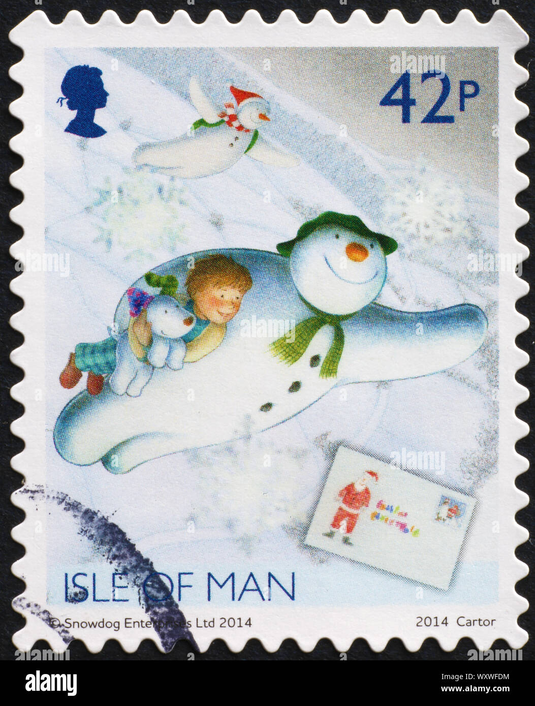 Snowman and child flying on Christmas postage stamp Stock Photo - Alamy