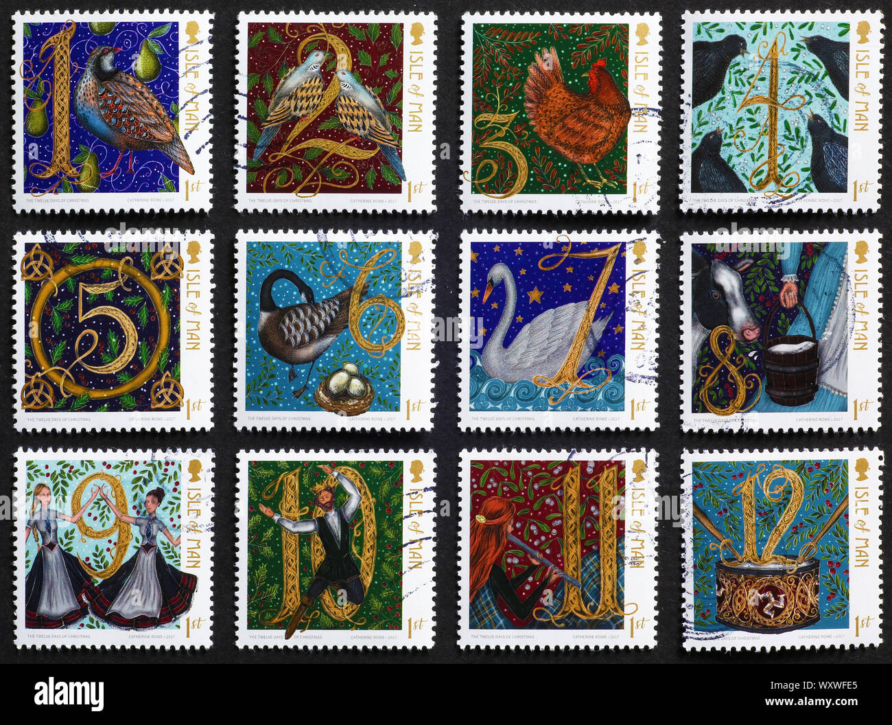 Twelve days of Christmas on postage stamps Stock Photo - Alamy
