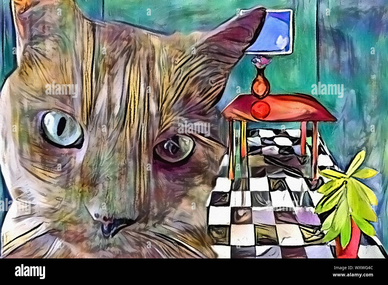 Contemporary art. Digital painting. Cat in living room Stock Photo - Alamy