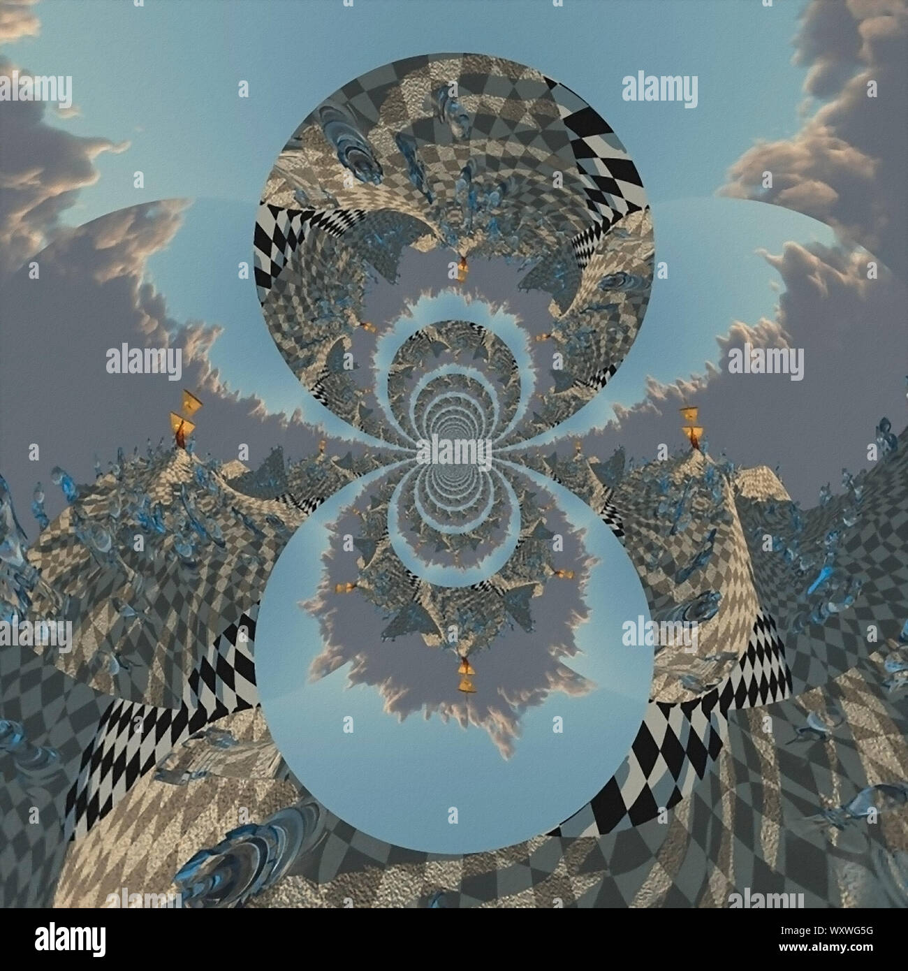 Digital painting. Fractal with chess pieces and sailboat. Surreal art ...