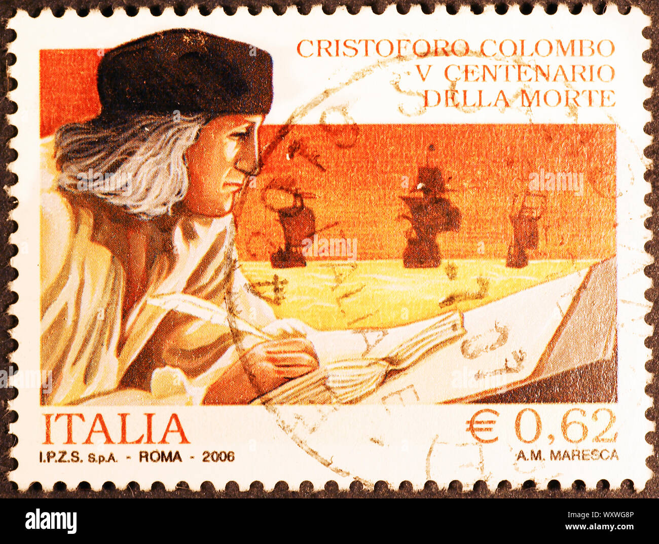 Christopher Columbus on italian postage stamp Stock Photo - Alamy