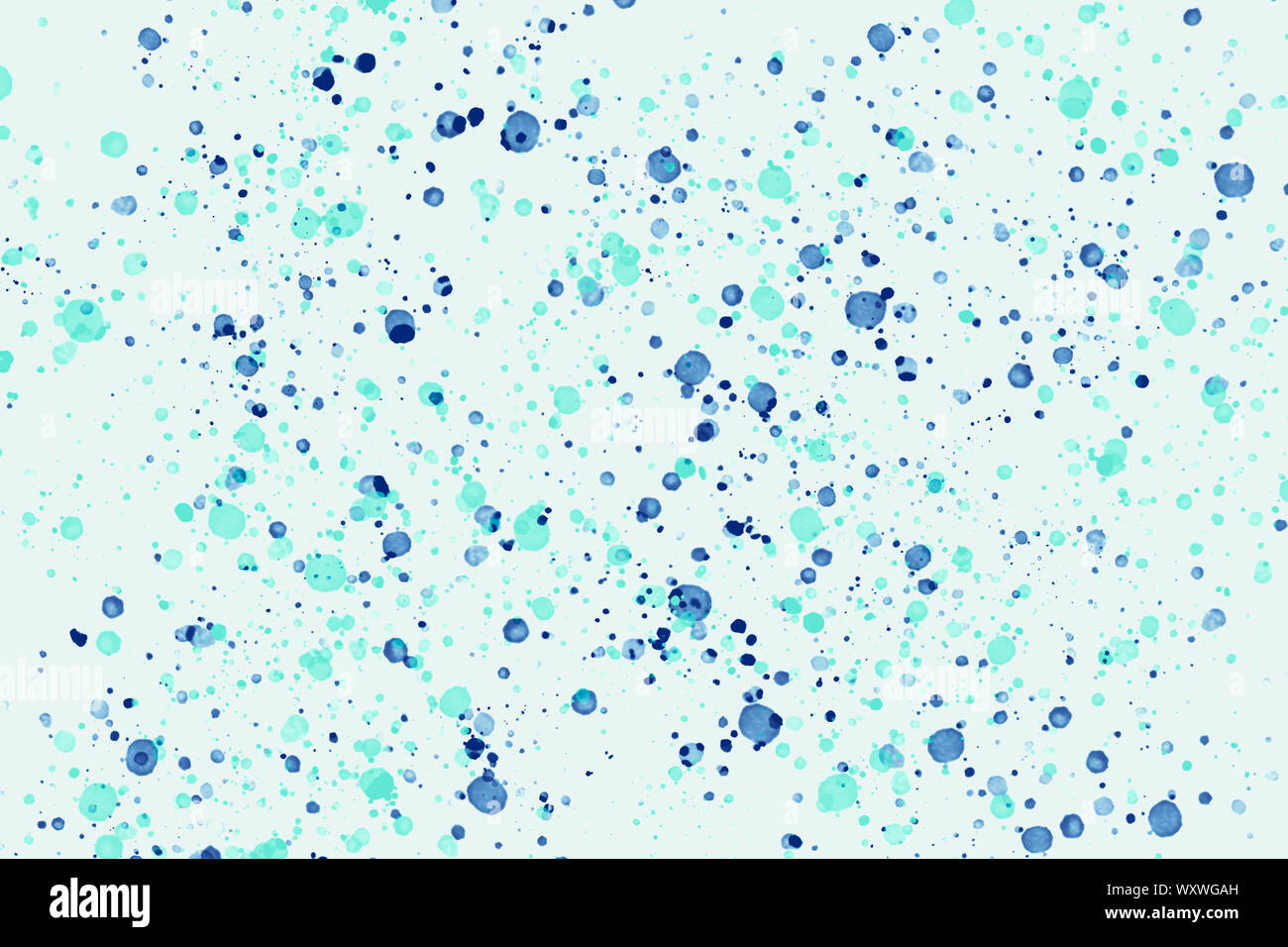 Cyan and blue random round paint splashes on light blue background ...