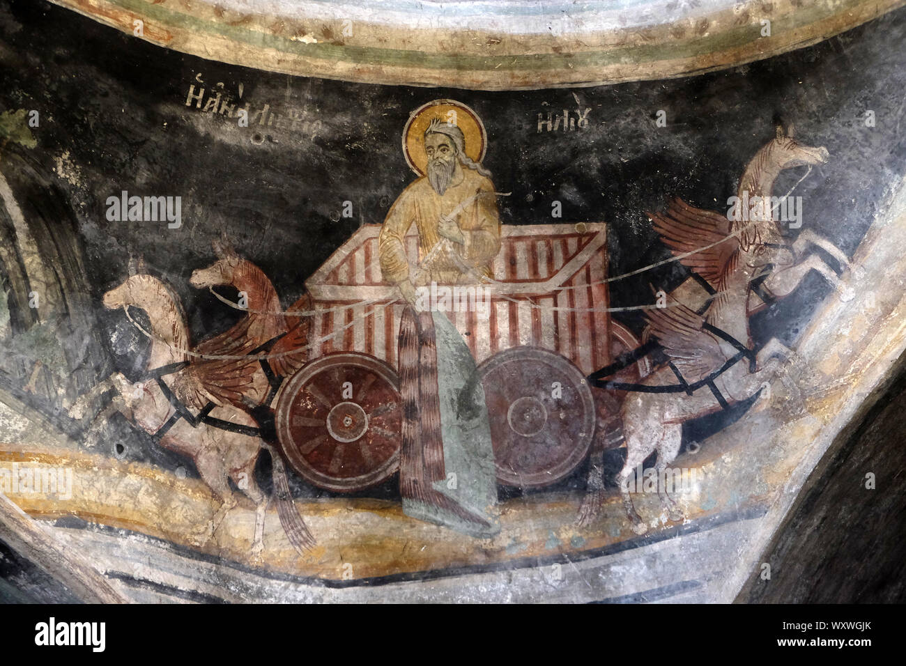 Prophet Elijah going up to heaven, fresco in the Saint Naum Monastery ...