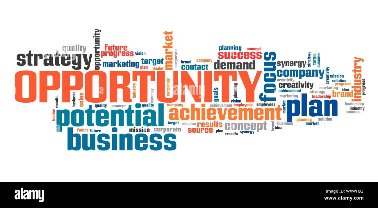Opportunity in business - company strategy word cloud sign Stock Photo ...