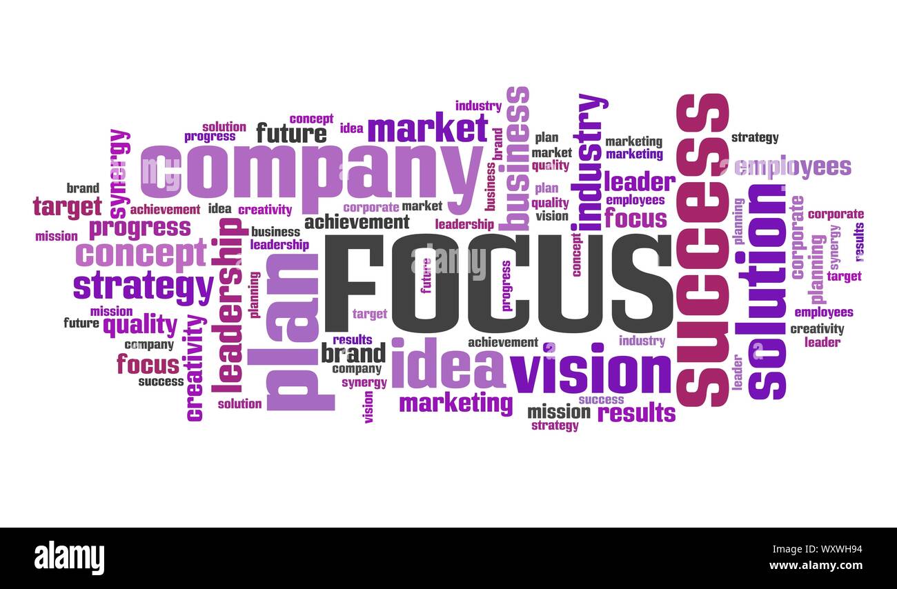 Focus in business - company strategy word cloud sign Stock Photo - Alamy
