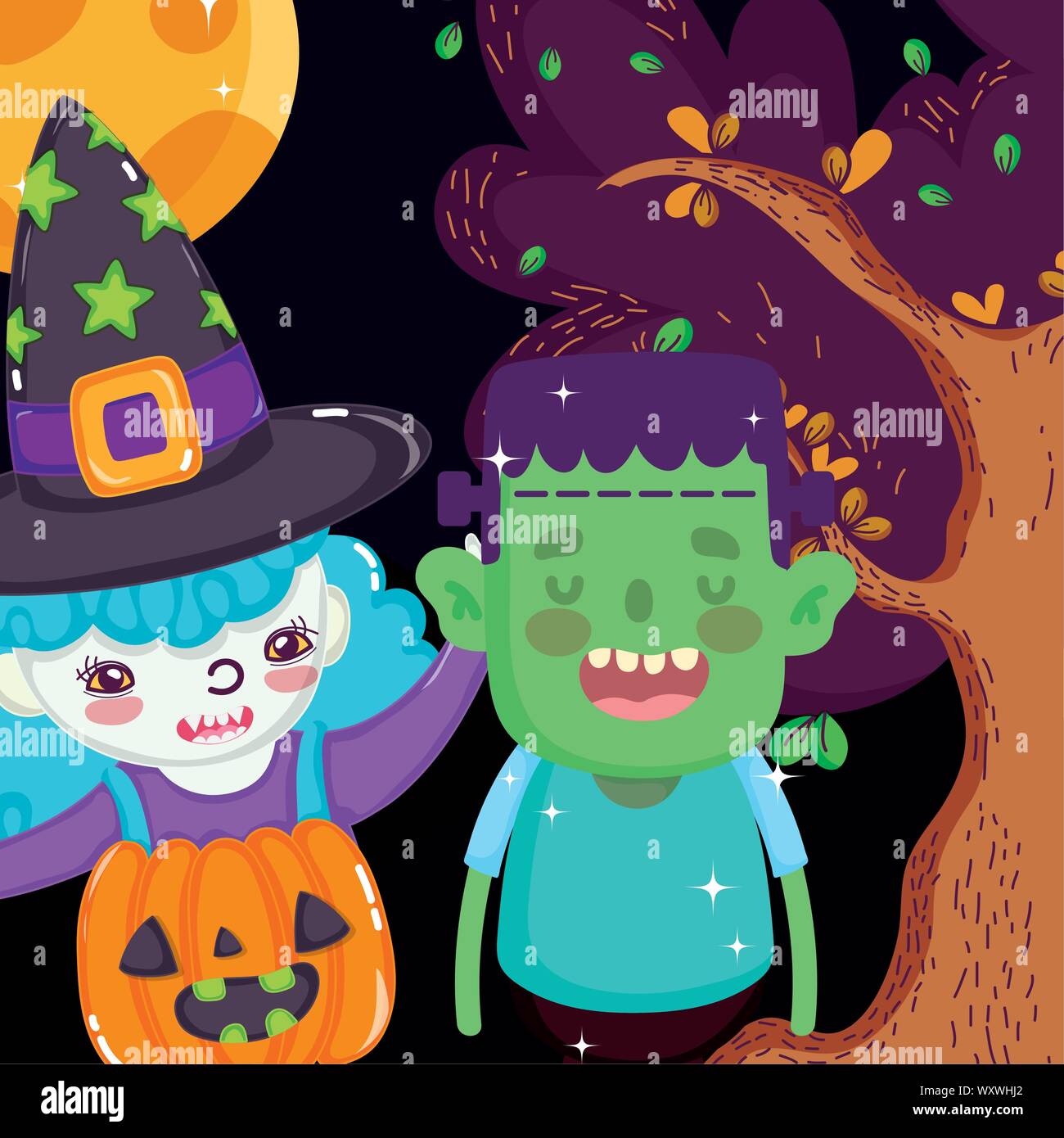 boy and girl with frankenstein witch costume halloween image vector ...